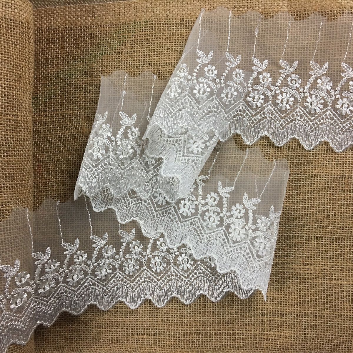 Lace Trim Scalloped Embroidered Sheer Organza, 2.5