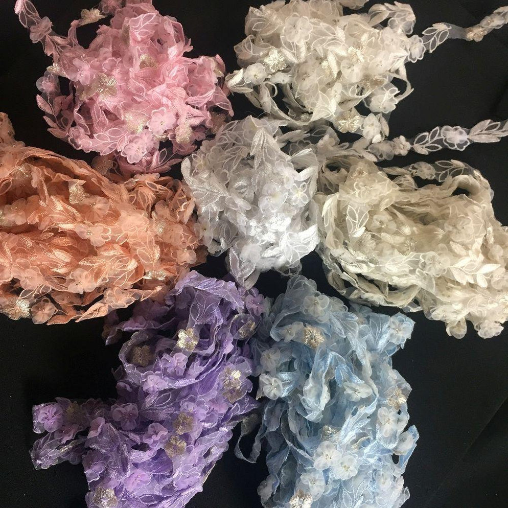 Lace Trim Puff Organza Flower Embroidered Sheer Organza, 1" Wide, Garm ...