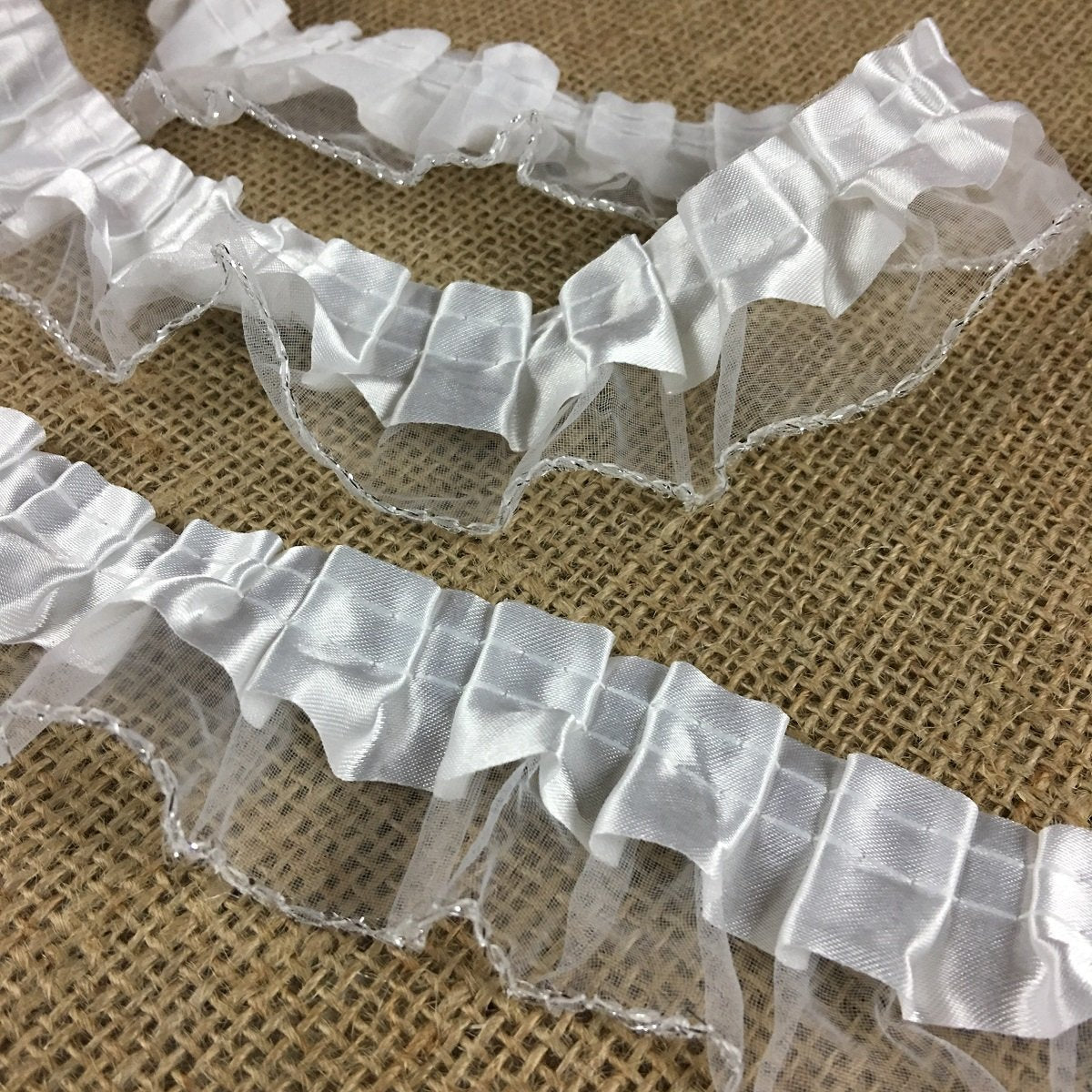 Ruffled Gathered Trim Lace Satin & Silver Edge Organza, 1.5" Wide, Whi ...