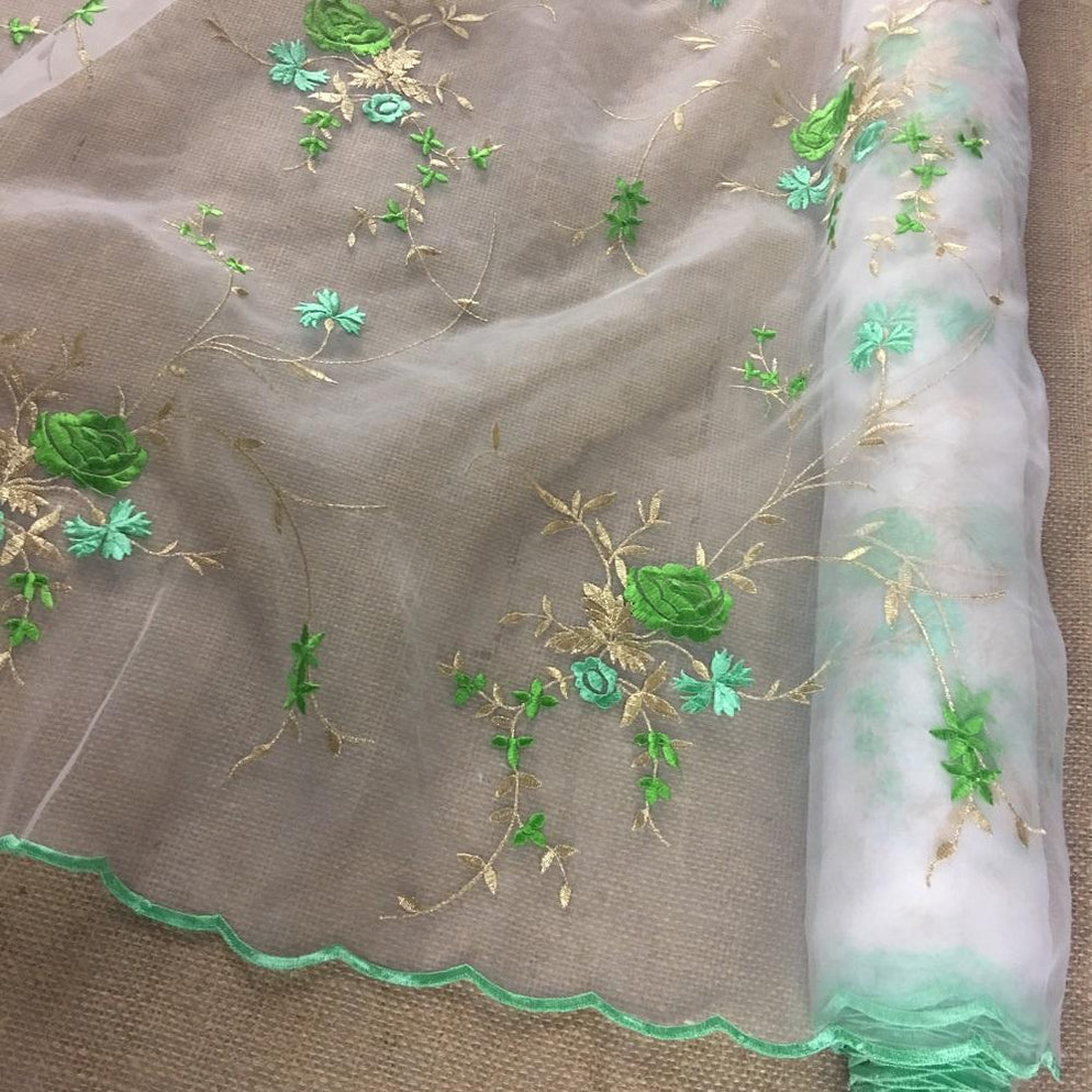 Embroidered Organza Fabric Allover Double Boarder Floral, 52" Wide, Ch ...