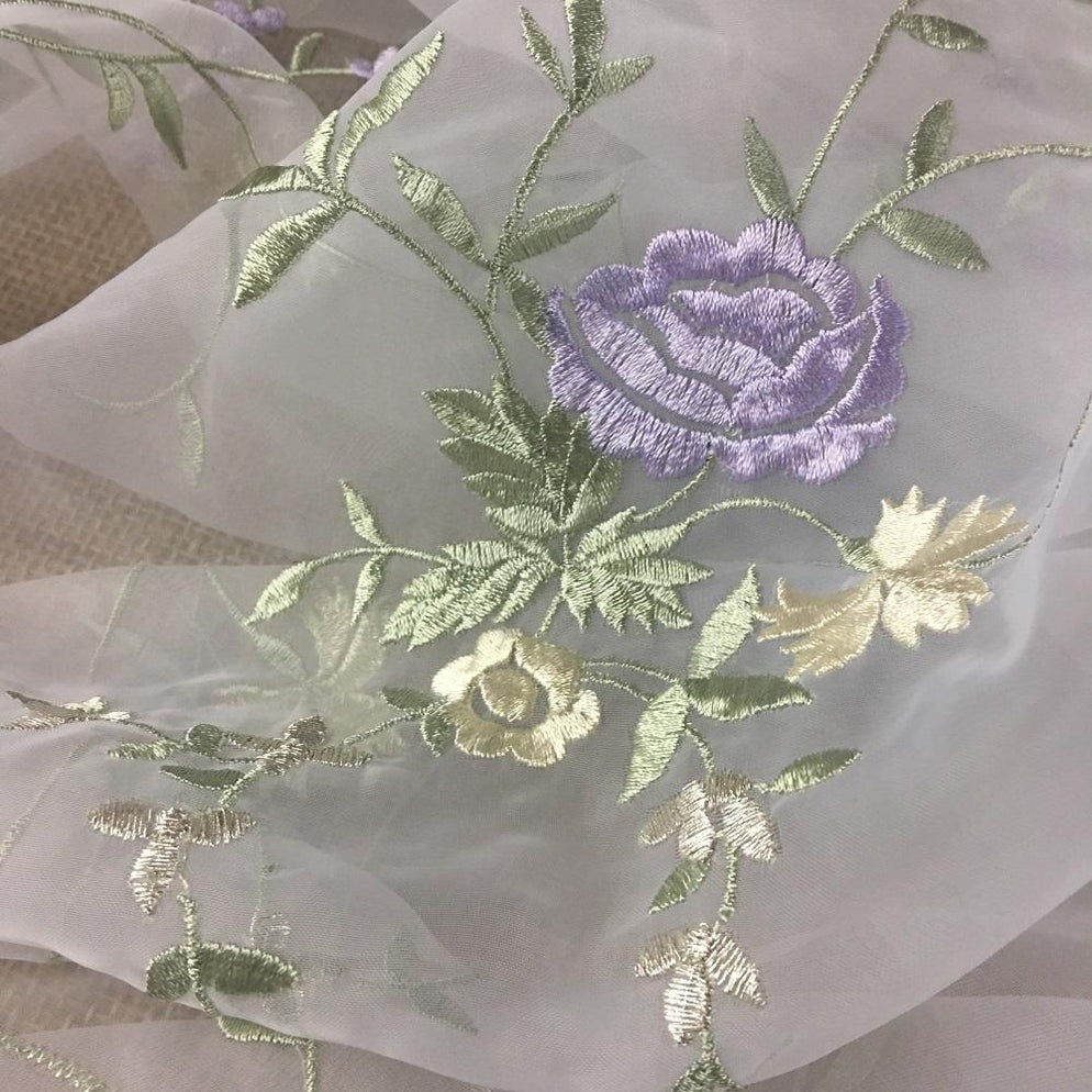 Embroidered Organza Fabric Allover Double Boarder Floral, 52" Wide, Ch ...