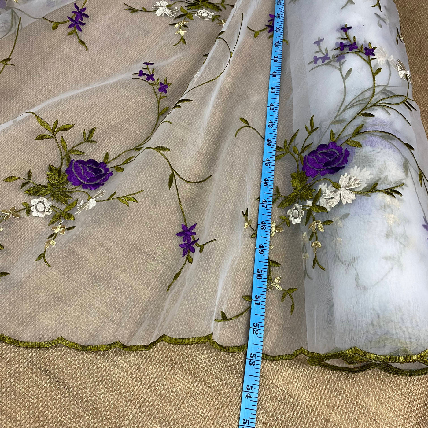 Embroidered Organza Fabric Allover Double Boarder Floral, 52" Wide, Ch ...