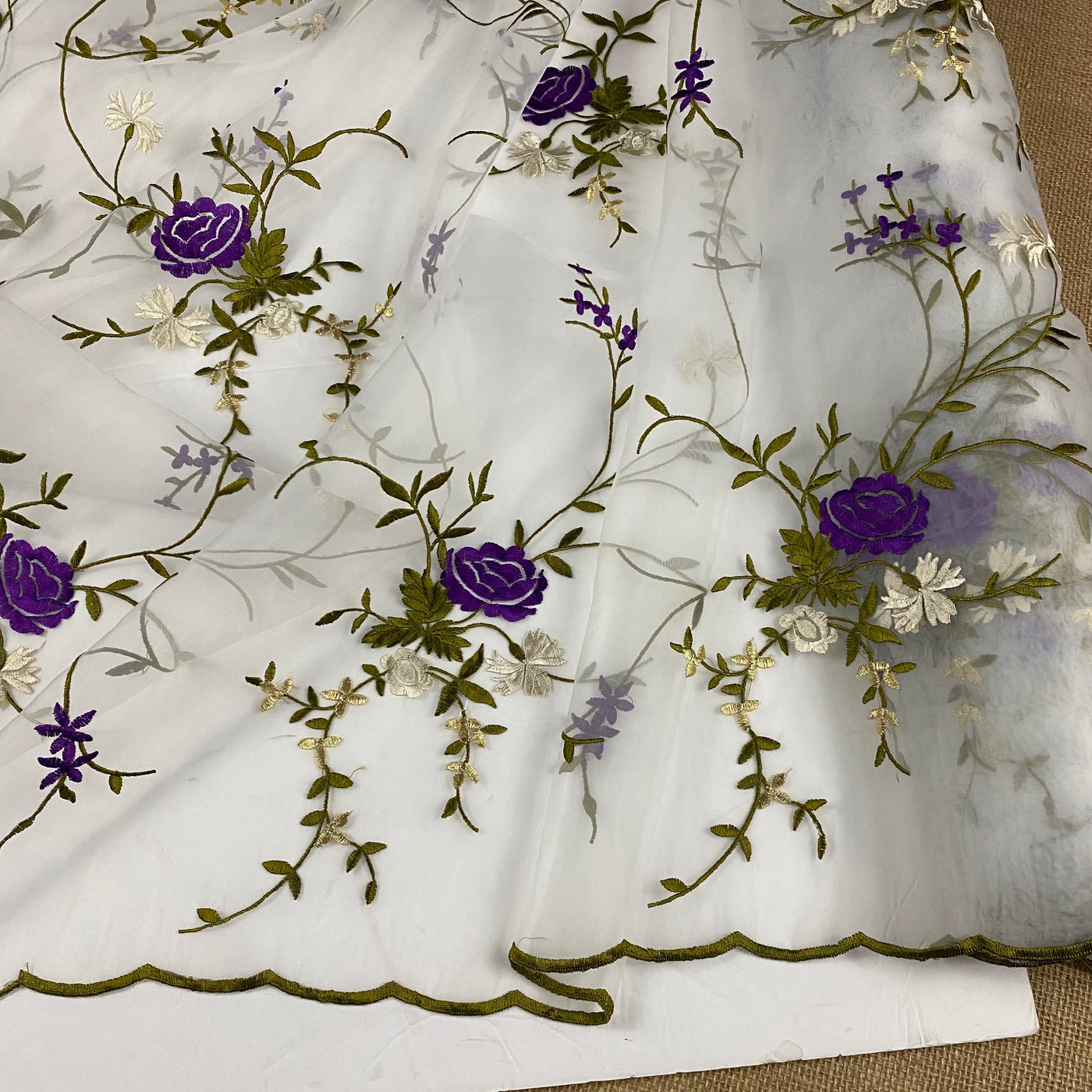 Embroidered Organza Fabric Allover Double Boarder Floral, 52" Wide, Ch ...